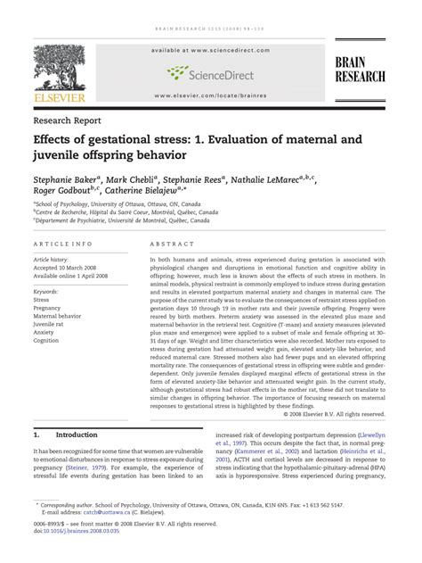 Pdf Effects Of Gestational Stress 1 Evaluation Of Maternal And