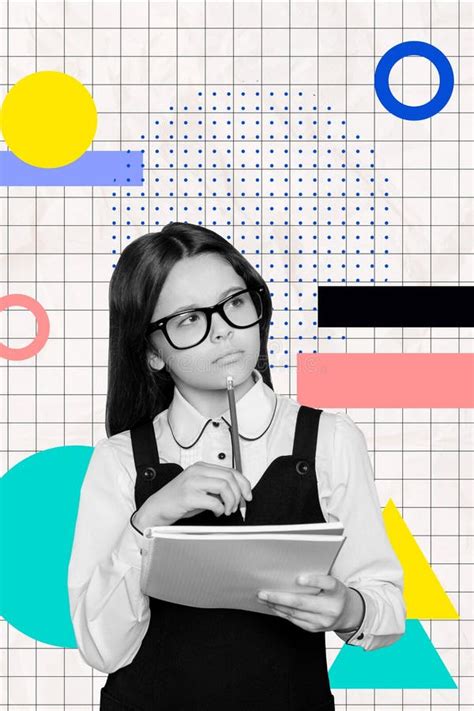 Vertical Photo Collage Of Minded Babegirl Nerd Hold Notepad Pencil Think Homework Education