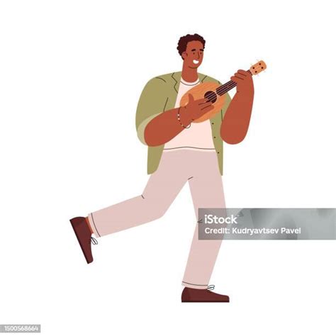 Pria Memegang Dan Memainkan Gitar Ukulele Kecil Ilustrasi Vektor Datar