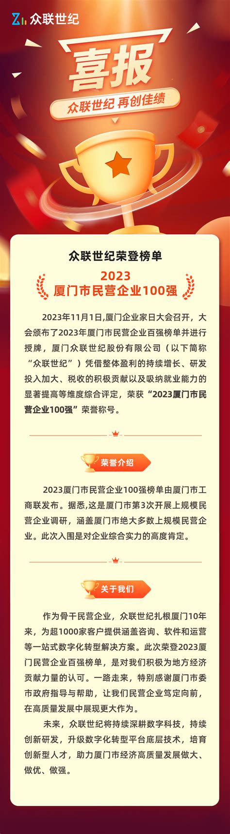 喜报丨众联世纪荣登 厦门市民营企业 强榜单 厦门众联世纪股份有限公司