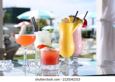Colorful Fruit Cocktails By Pool Stock Photo 2120342315 Shutterstock