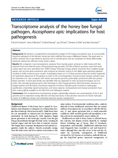 Pdf Transcriptome Analysis Of The Honey Bee Fungal Pathogen Ascosphaera Apis Implications