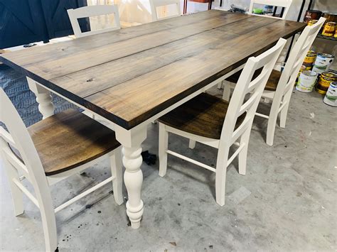 7ft Rustic Farmhouse Table With Chairs And Turned Legs Dark Walnut Top