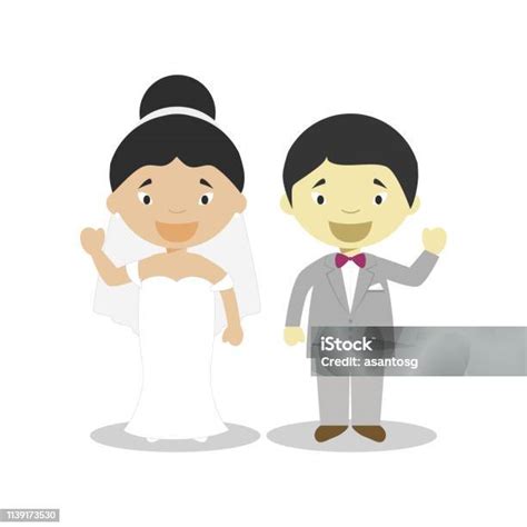 동양 메스 티 조 신부와 동양 신랑 간의 신혼 부부 커플 만화 스타일 벡터 일러스트 결혼 의식에 대한 스톡 벡터 아트 및 기타