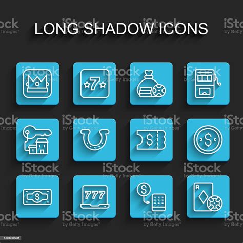 세트 라인 스택 지폐 현금 노트북 및 슬롯 머신 킹 카드 놀이 카지노 칩 교환 카드 말굽 달러와 동전 및 복권 티켓 아이콘 벡터 가능성에 대한 스톡 벡터 아트 및 기타