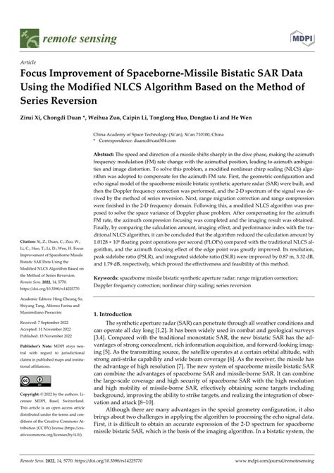 Pdf Focus Improvement Of Spaceborne Missile Bistatic Sar Data Using The Modified Nlcs