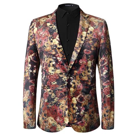 Slim Fit Mens Floral Blazer 2018 Skull Flower Pattern Mens Blazers And