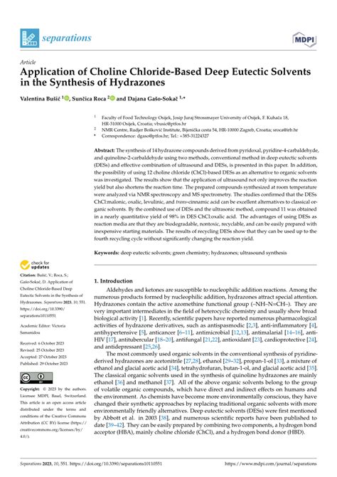 Pdf Application Of Choline Chloride Based Deep Eutectic Solvents In The Synthesis Of Hydrazones