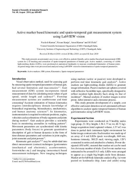 Pdf Active Marker Based Kinematic And Spatio Temporal Gait Measurement System Using Labview Vision