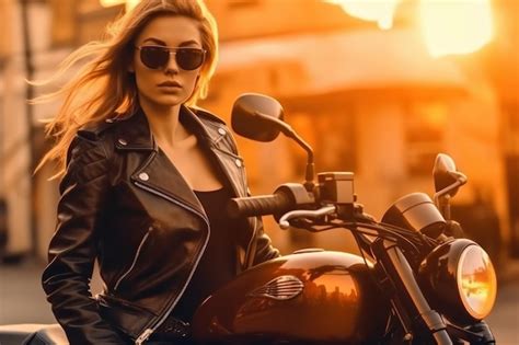 Premium Ai Image Biker Girl In A Leather Jacket On A Motorcycle