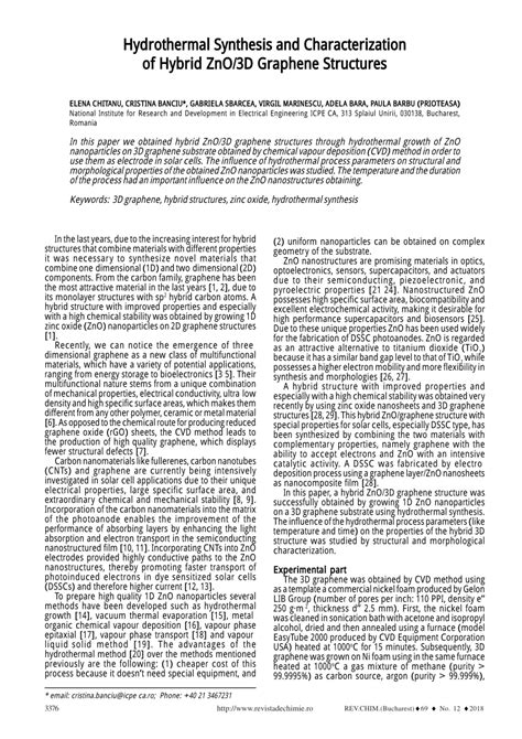 Pdf Hydrothermal Synthesis And Characterization Of Hybrid Zno3d Graphene Structures