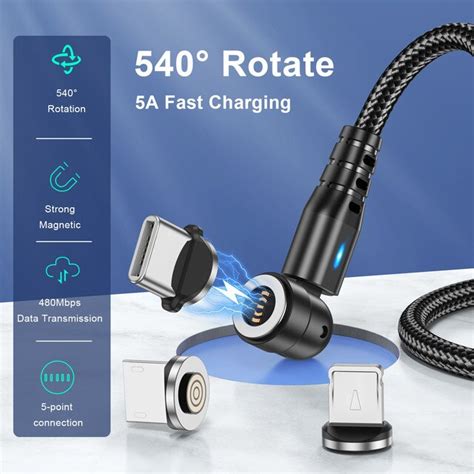 Uslion 540 Rotate 5a Magnetic Cable Fast Charging Micro Usb Type C