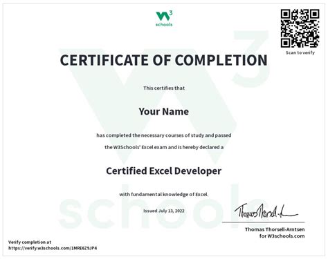 W Schools Excel Certificate