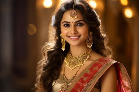 Beautiful Indian Woman In Saree And Jewellery Smiling With Grace
