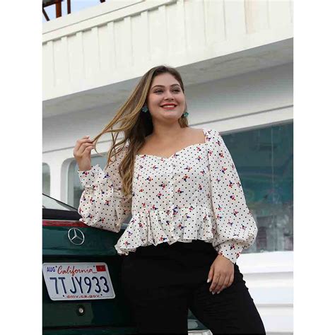 Plus Size White Long Lantern Sleeve Sweetheart Neckline Polka Dot