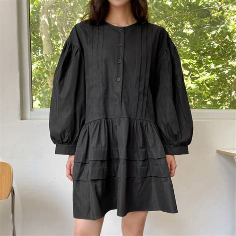 당당걸 빅사이즈 55 99 베버린 라운드 버튼 핀턱 퍼프 캉캉 미니 원피스 하객룩