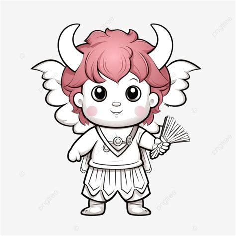 발렌타인 데이를 테마로 한 큐피드 의상을 사용하여 귀여운 버팔로 천사와 함께 어린이를 위한 색칠 공부 책 큐핏 큐피드 화살 사랑 스케치 Png 일러스트 및 이미지 에