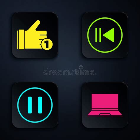 Set Laptop Hand Like Pause Button And Rewind Black Square Button Stock Vector Illustration