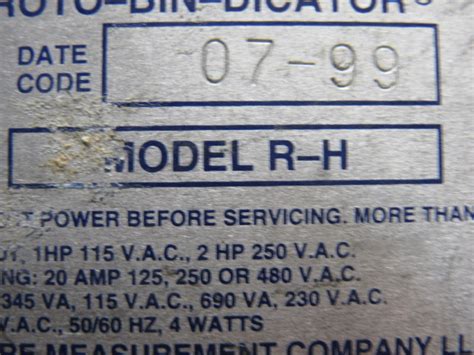 Venture Measurement Bindicator Model R H 20a 112 480v 2hp Max Roto Bin