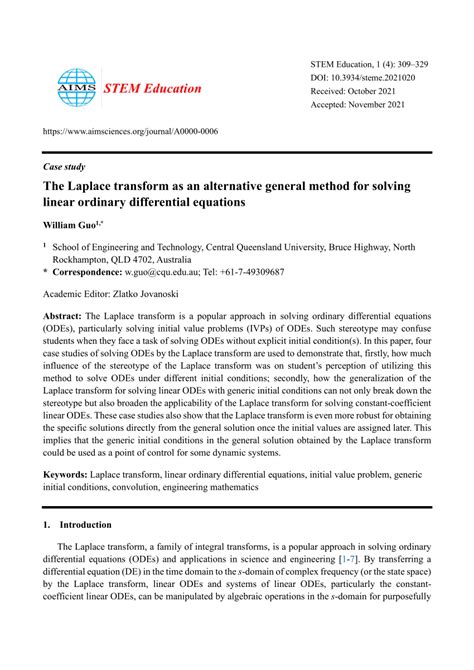 Pdf The Laplace Transform As An Alternative General Method For Solving Linear Ordinary