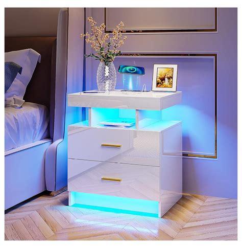 Tyslan Auto Led Nightstand With Wireless Charging Station Usb Ports High Gloss Bedside Tables