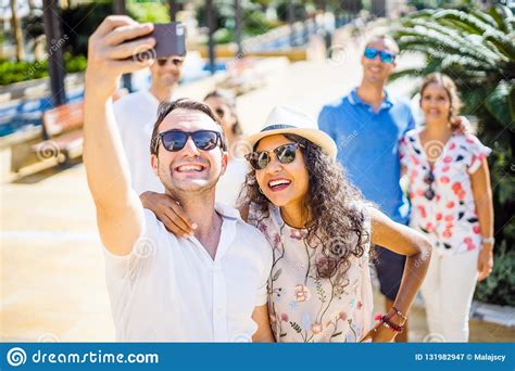 Group Of Happy Friends Taking Selfie Outdoor Stock Image Image Of Self Looking
