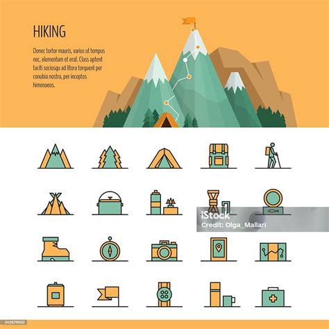 Vetores De Caminhada Caminhadas E Camping Linha Conjunto De Ícones E