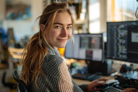 Premium Photo Smiling Woman Office Worker A Happy Software Developer