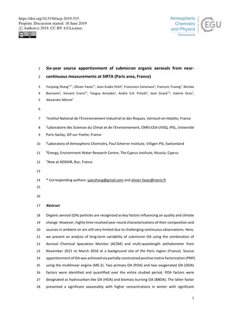 Pdf Six Year Source Apportionment Of Submicron Organic Aerosols From Near Continuous