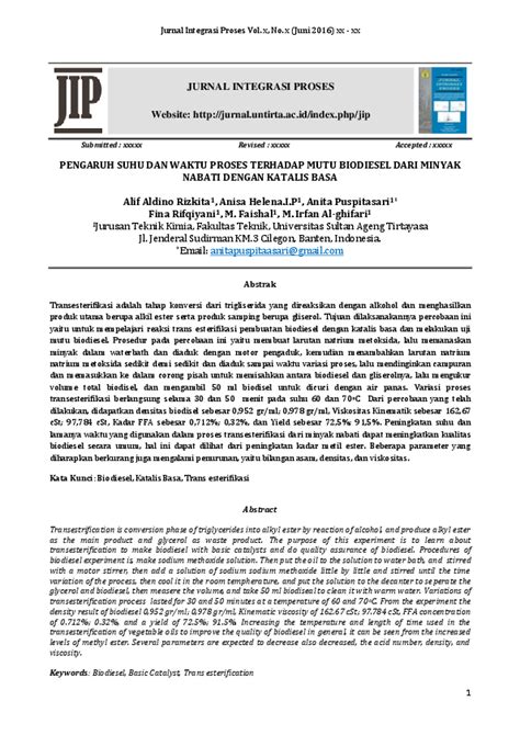 Pdf Jurnal Biodiesel Pengaruh Suhu Dan Waktu Proses Terhadap Mutu Biodiesel Dari Minyak