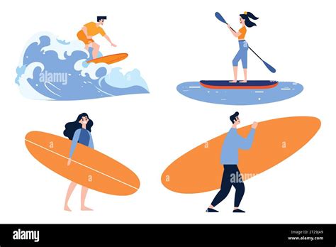 Hand Drawn Tourist Teen Characters Are Playing Surfboards At The Sea In