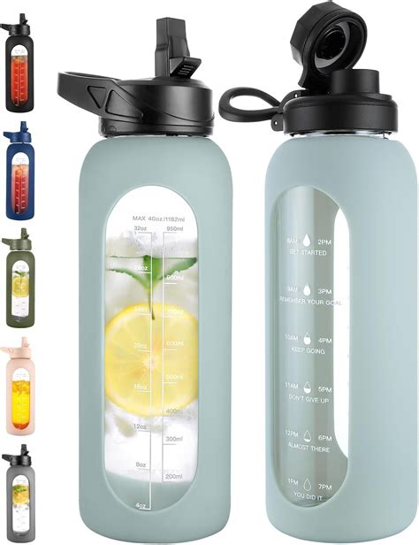 40 Oz Glass Water Bottle With Straw And Handle Large Sports