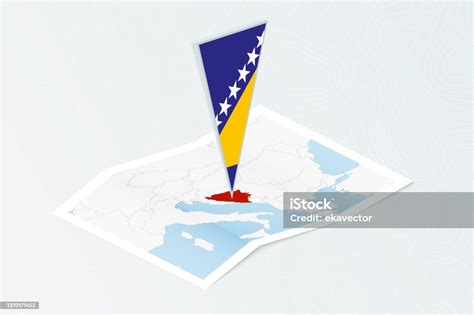 보스니아 헤르체고비나의 동시대 종이지도에 보스니아 헤르체고비나의 삼각형 깃발이 있는 등대식 지형 배경을 매핑합니다 지도에 대한
