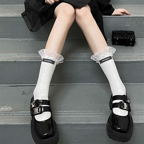 لوليتا نمط الجوارب اليابانية Kawaii لطيف Frilly كشكش الجوارب الصلبة