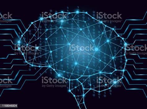 Binary Code In Digital Brain Form Composed Of Lines Triangles Binary
