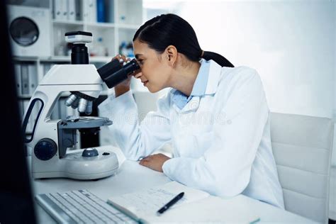 Microscope Science And Woman In Laboratory For Medicine Research