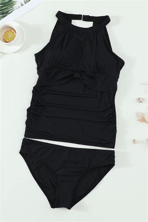 High Neck Plunge Mesh Ruched Tankini Swimwear Sunny Angela