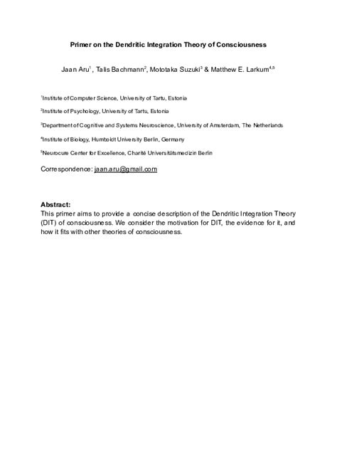 Pdf Primer On The Dendritic Integration Theory Of Consciousness