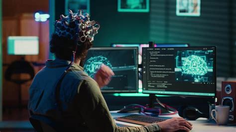 Man With EEG Headset On Writing Code Allowing Him To Transfer Mind Into