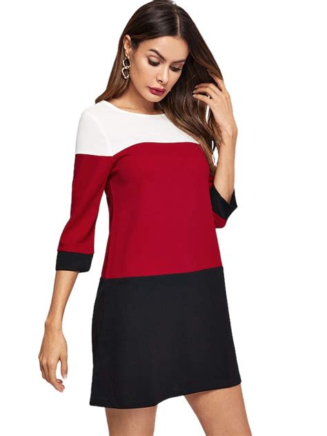 Romwe Womens 3 4 Sleeve Round Neck Colorblock Casual Short Dress