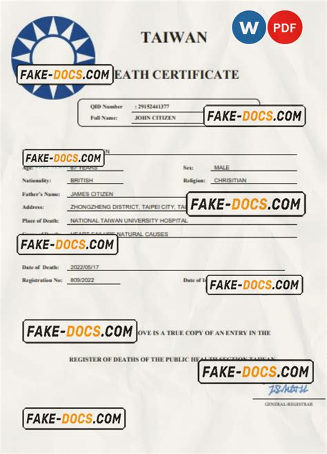 Taiwan Death Certificate Word And Pdf Template Completely Editable