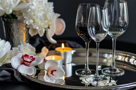 Premium Photo Silver Tray Caddy With Wine Glass Candles And Silk Flowers