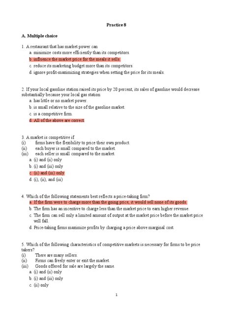 Practice Multiple Choice Questions On Competitive Markets And Firm
