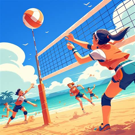Amigos Jugando Al Voleibol En La Playa Vector Premium