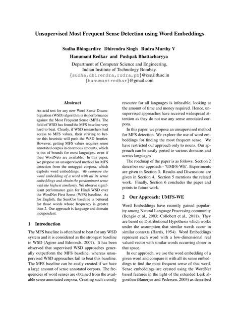 Pdf Unsupervised Most Frequent Sense Detection Using Word Embeddings