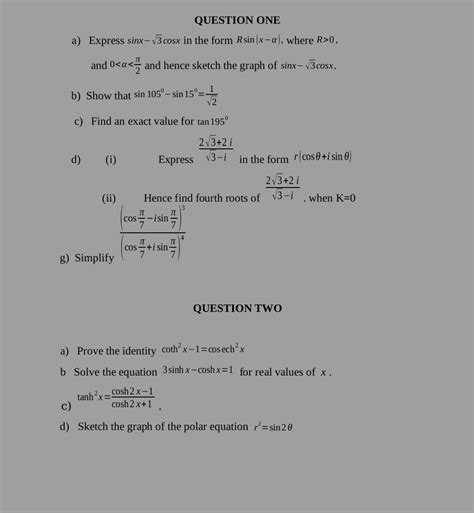 Question One A Express Sinx Sqrt{3}cosx In The Form Rsin X Alpha Wh