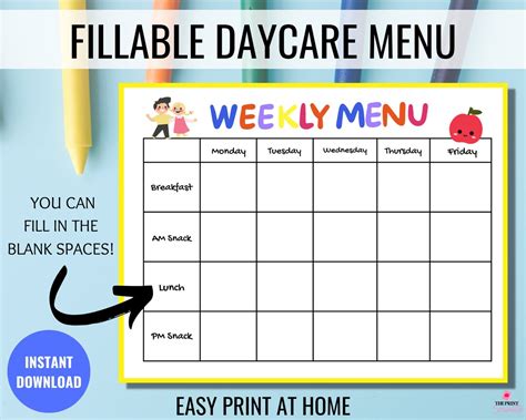 Fillable Weekly Daycare Menu Editable Home Daycare Meal Planner Preschool Menu Home School
