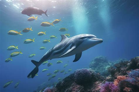 Dolphins Swimming In The Undersea Beautiful Underwater And Colorful