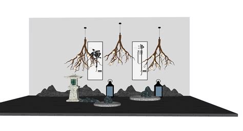 简约古典小型新中式景观su模型景观小品土木在线