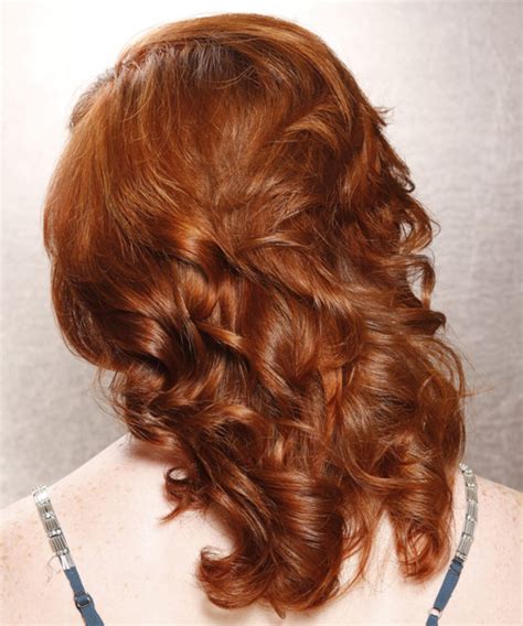 Medium Curly Copper Hairstyle With Side Swept Bangs